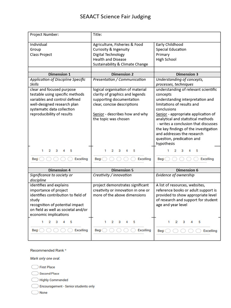 2023 SEAACT Science Fair Rubric | PDF | Science | Inquiry