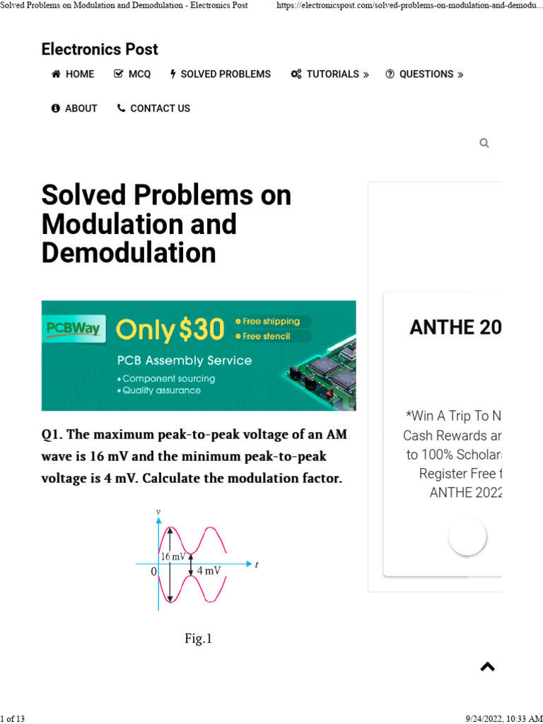 Solved Problems On Modulation and Demodulation - Electronics Post | PDF | Modulation | Radio