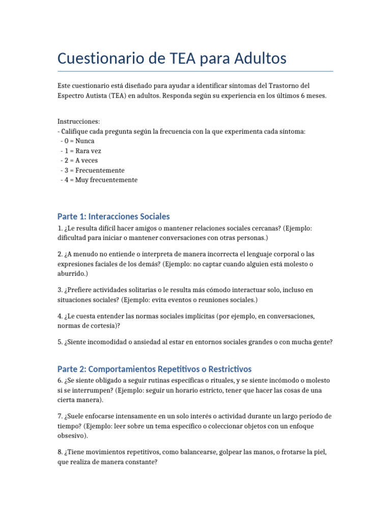 Cuestionario TEA Adultos | PDF | Autismo | Las emociones
