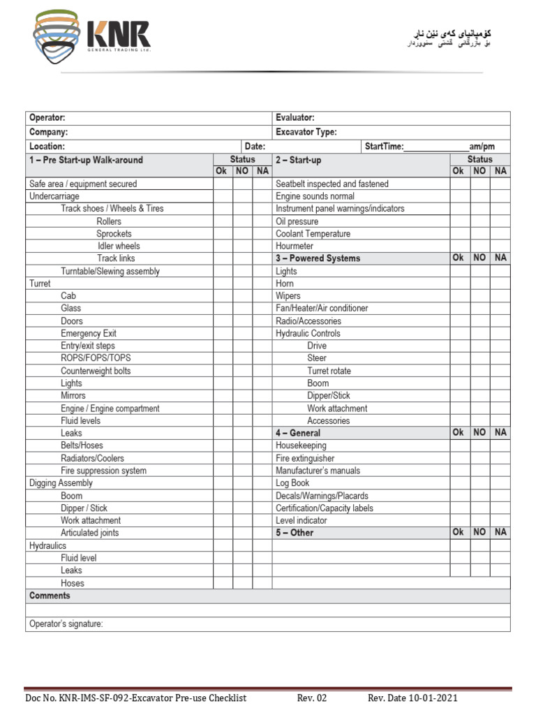 KNR-IMS-SF-092-Excavator Pre-Use Checklist | PDF | Vehicles | Vehicle Technology