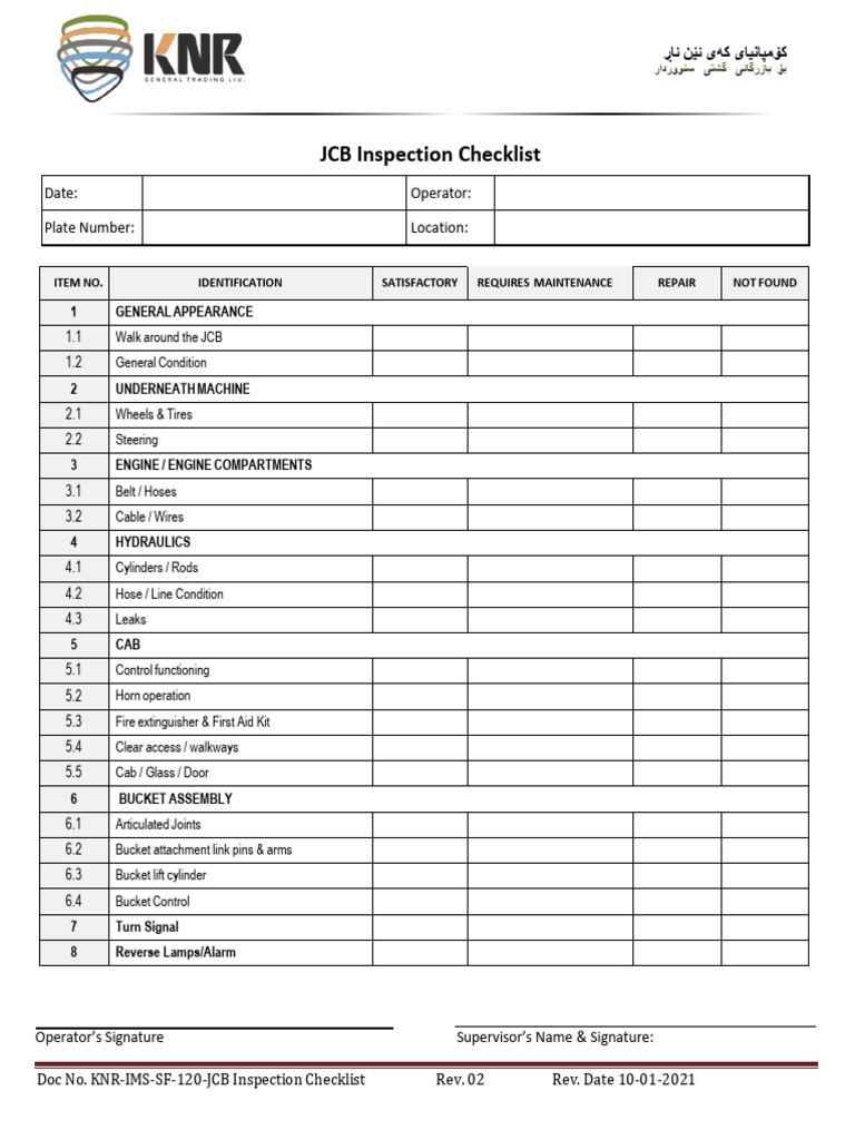 KNR-IMS-SF-120-JCB Inspection Checklist | PDF