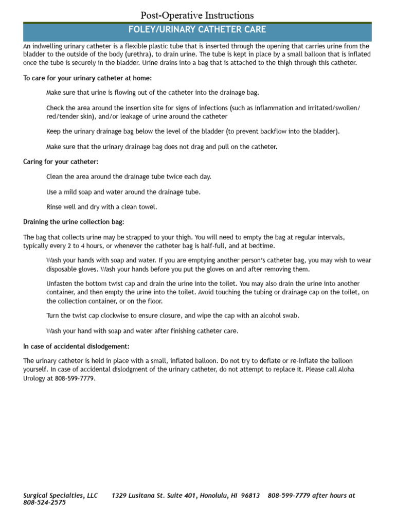 Foley Urinary Catheter Care Discharge Instructions | PDF | Catheter ...