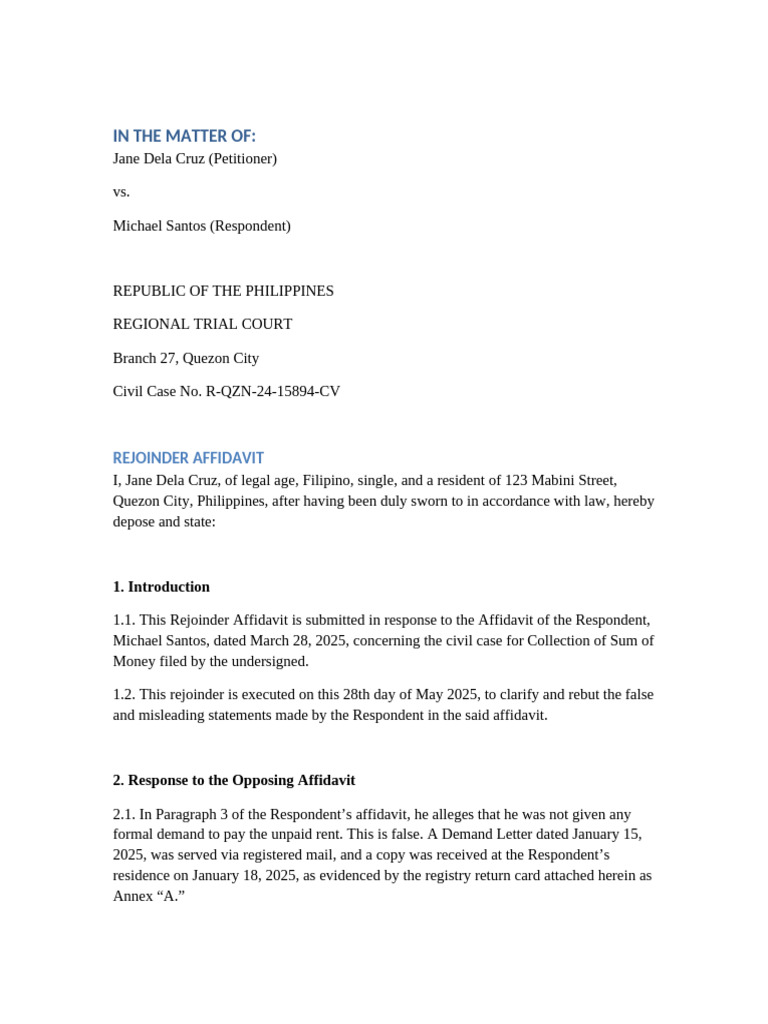 Rejoinder Affidavit JaneDelaCruz | PDF | Affidavit