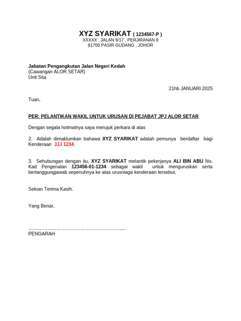 Surat Wakil - JPJ Unit Sita | PDF