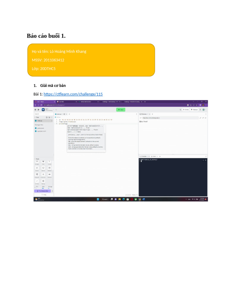 Buoi1 LoHoangMinhKhang 2011063412 | PDF