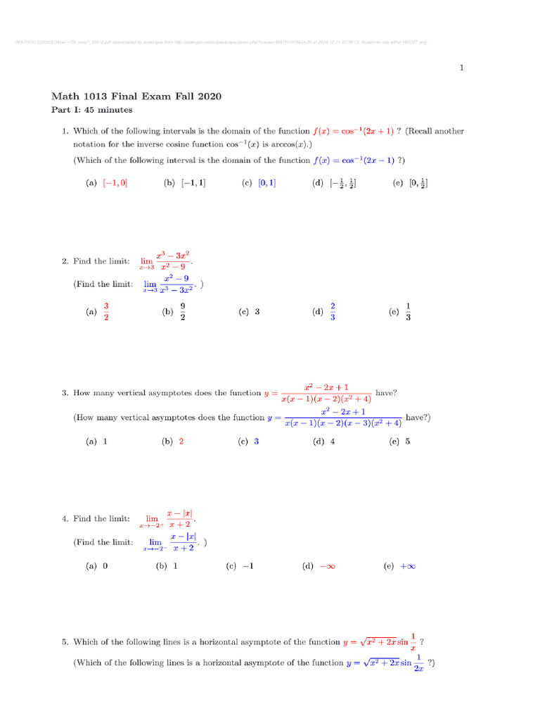 (MATH1013) (2020) (F) Final 7fz Emu 35512 | PDF