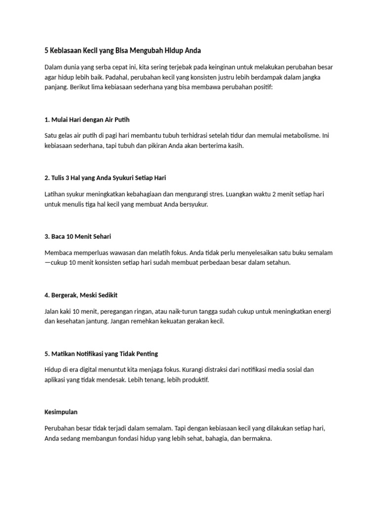 5 Kebiasaan Kecil Yang Bisa Mengubah Hidup Anda | PDF