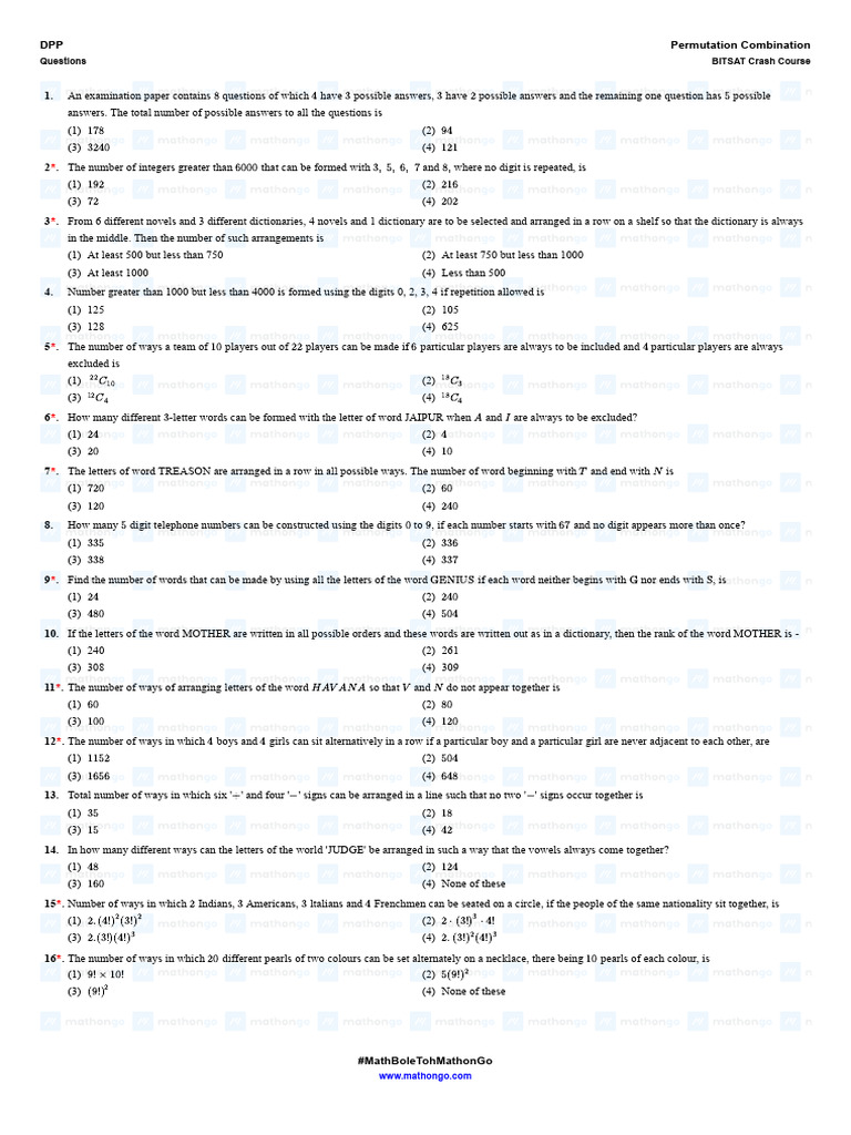 Permutation Combination - BITSAT - DPP | PDF | Mathematics | Mathematical Concepts