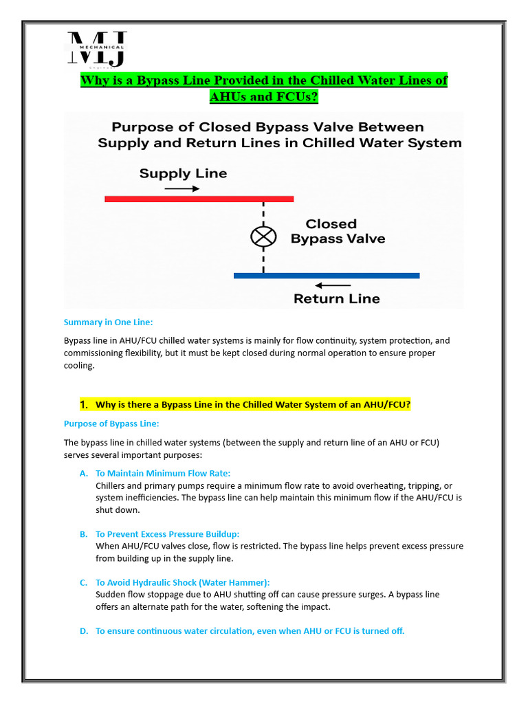 Purpose of Bypass Lines in AHU & FCU Chilled Water Systems | PDF ...