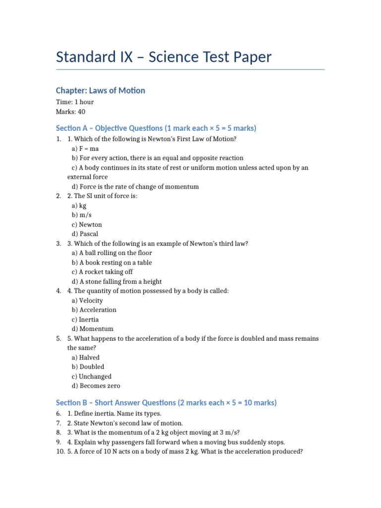 Newton's Laws of Motion Test Paper | PDF