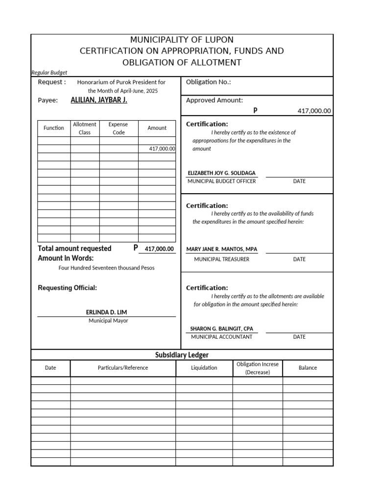 Cafoa Form Municipality of Lupon Davao o | PDF