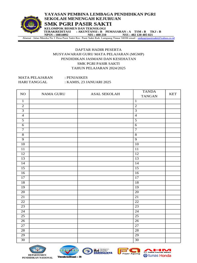 Daftar Hadir MGMP Penjaskes SMK PGRI | PDF
