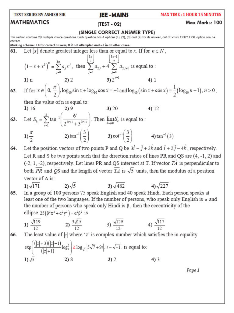 Test 02 - Test Paper, Answer Key & Detailed Solution - Prayas JEE 2025 ...