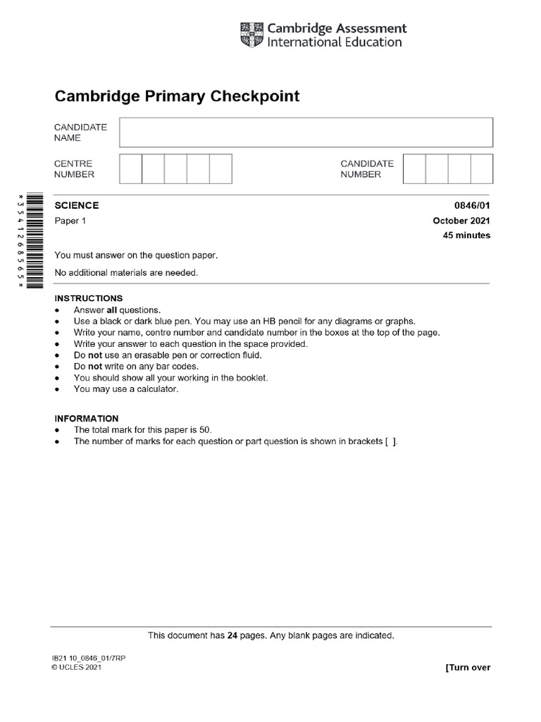 paper01 Oct2021 Cambridge Primary Science Checkpoint Exam Paper | PDF