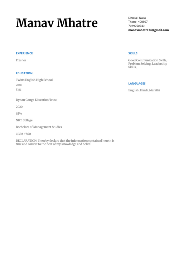 Manav Mhatre: Experience Skills | PDF