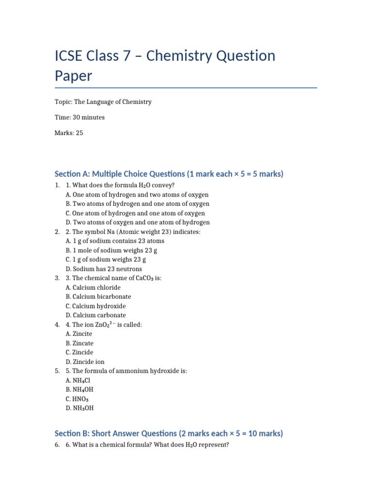 Class 7 ICSE Chemistry Question Paper | PDF
