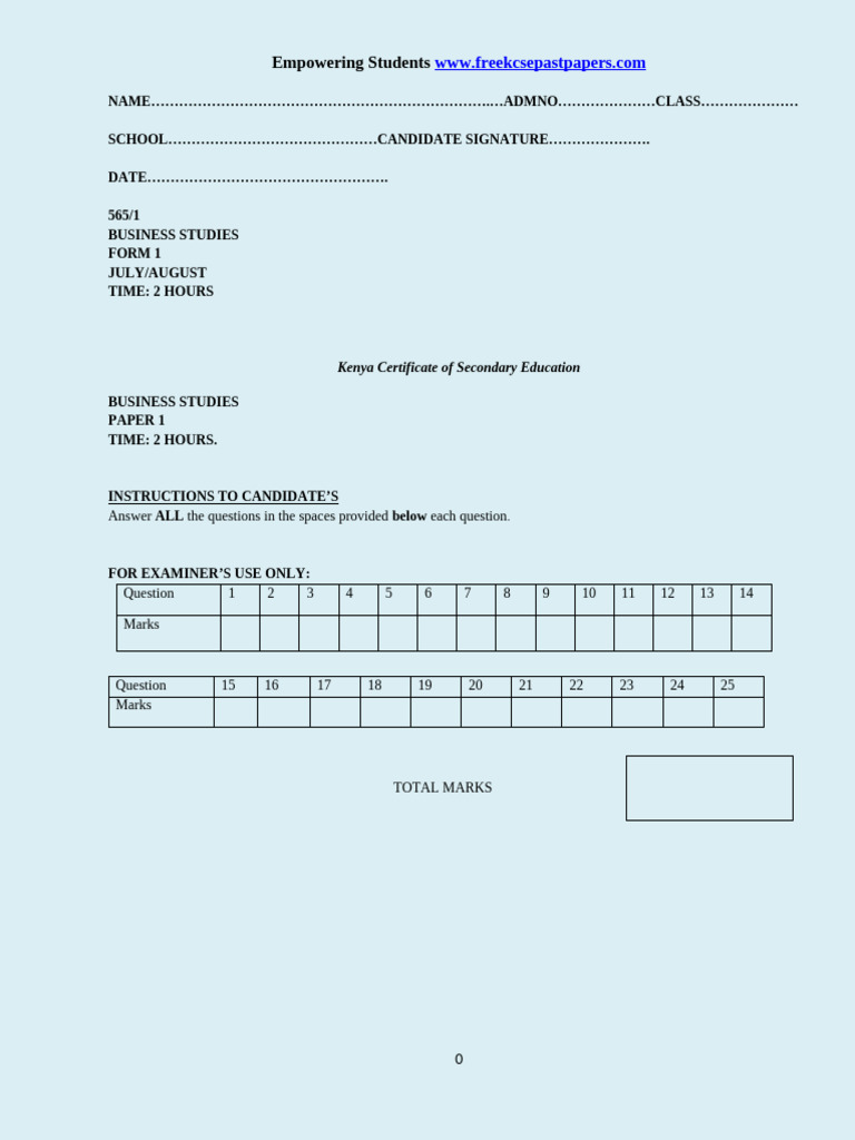 Business Form One ExamQ | PDF | Economics | Business