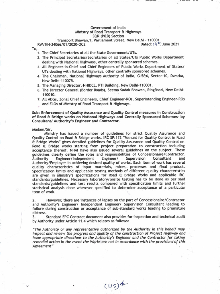 Enforcement of Quality Assurance and Quality Constrol Measures in Construction of Road and ...