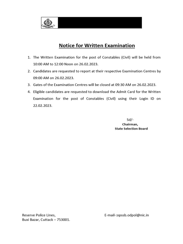 Notice For Written Examination | PDF