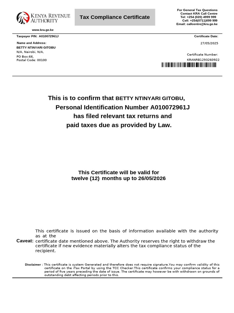 Tax Compliance Certificate (1) Patricia | PDF