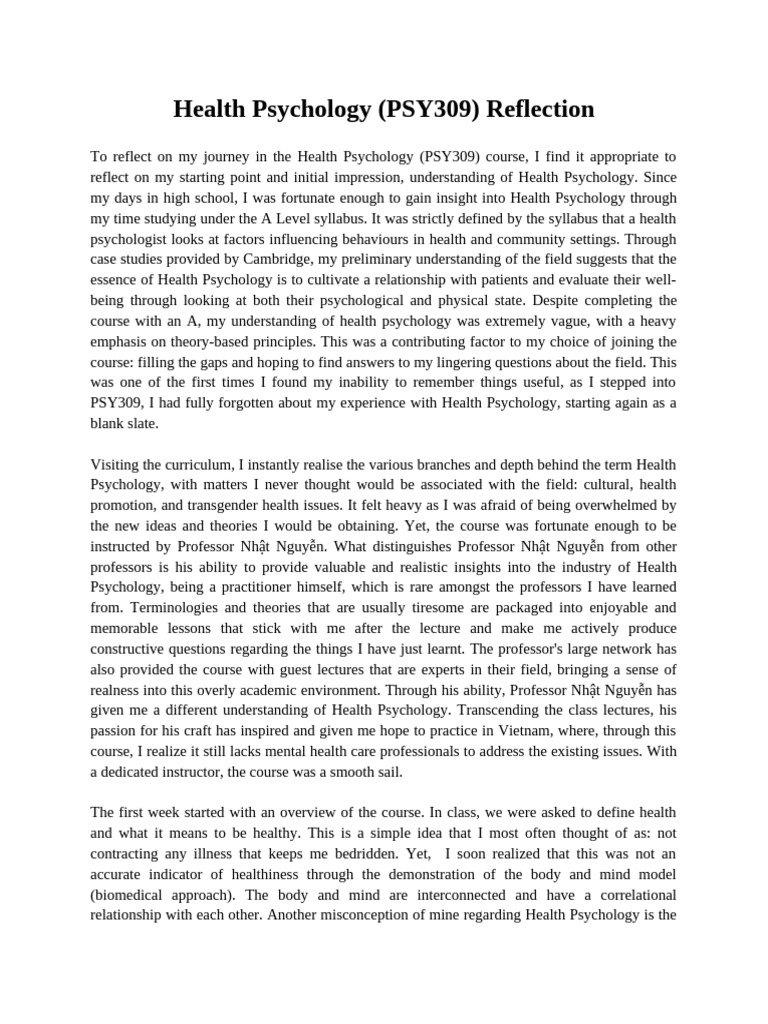 Health Psychology Reflection | PDF | Psychology | Health Psychology