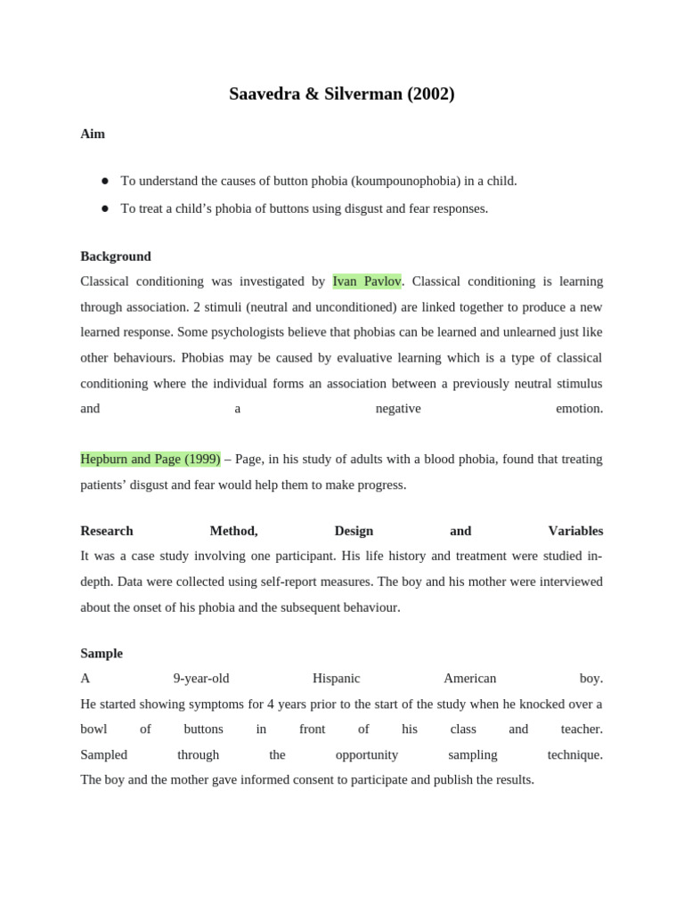 Saavedra & Silverman (2002) | PDF | Phobia | Classical Conditioning