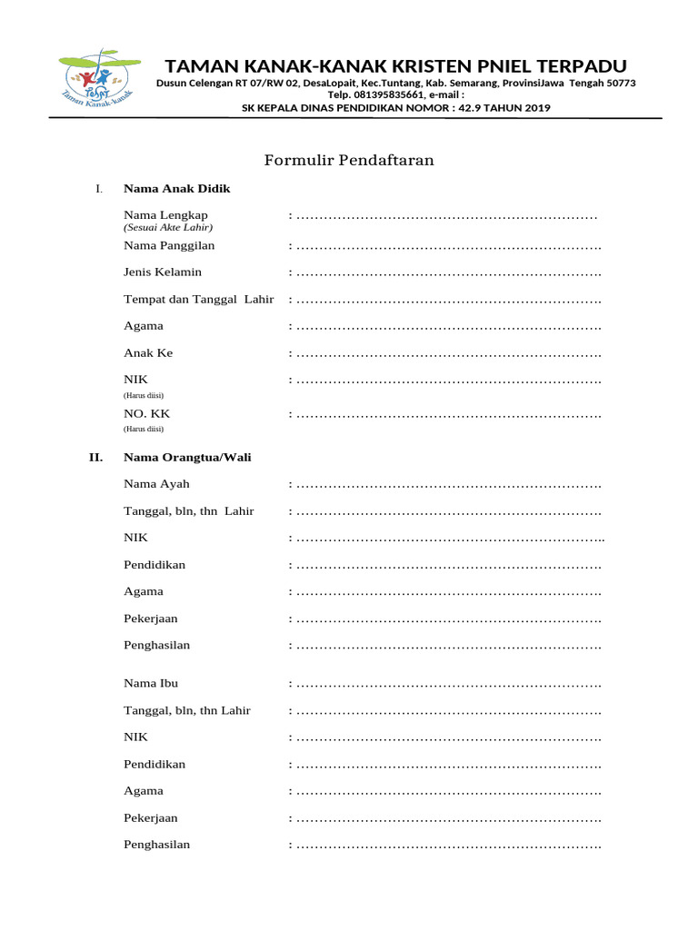 Formulir Pendaftaran TK | PDF