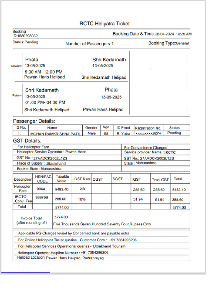 Ulhas Naik.Kedarnath Helicopter Ticket_edited | PDF