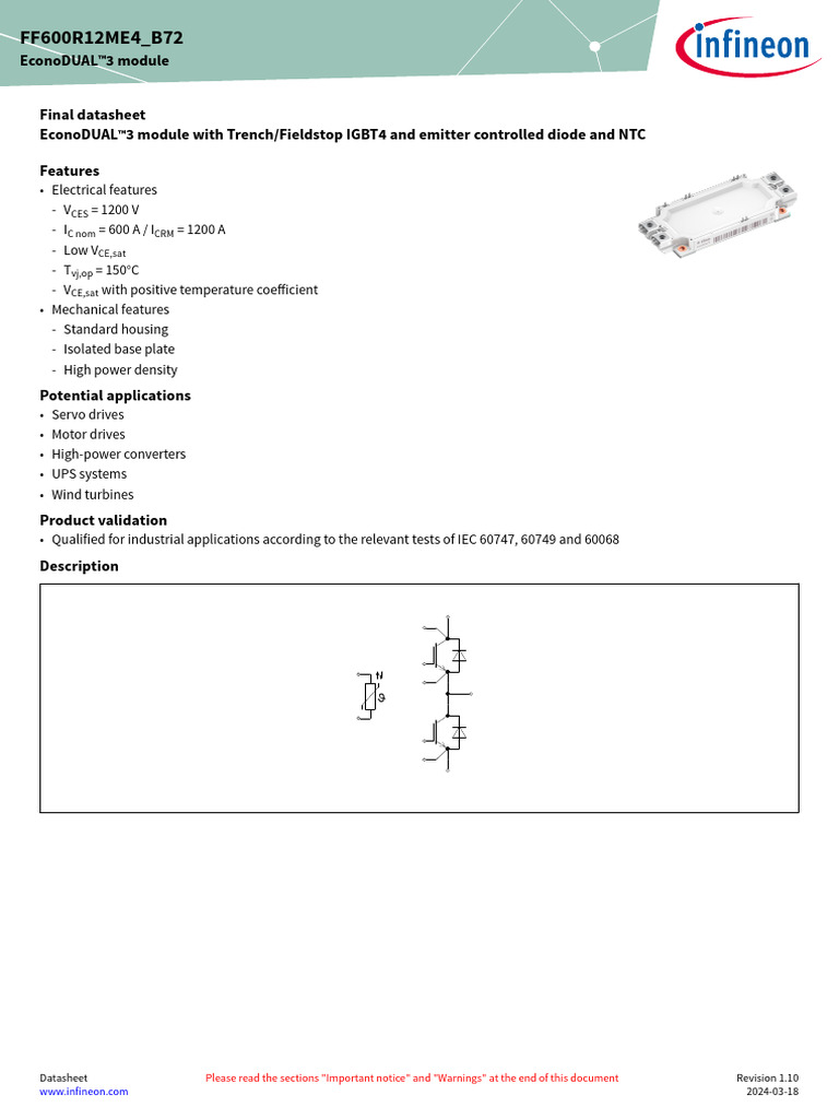 Infineon FF600R12ME4 - B72 DataSheet v01 - 10 EN | PDF | Insulator ...