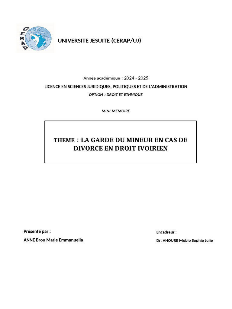 Garde du mineur en divorce ivoirien | PDF | Intérêt supérieur de l ...