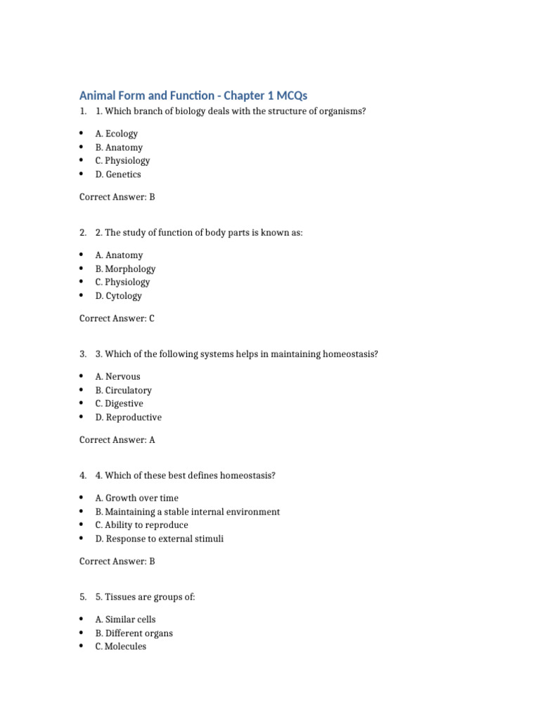 Chapter 1 Animal Form and Function MCQs | PDF | Physiology | Tissue ...