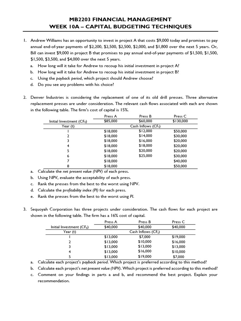 FM Week 10A Capital Budgeting Techniques Problems | PDF | Net Present Value | Capital Budgeting