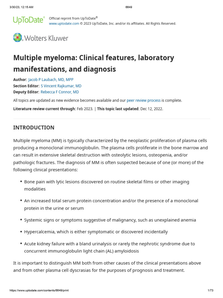 Multiple Myeloma: Clinical Features, Laboratory Manifestations, and Diagnosis | PDF | Multiple ...