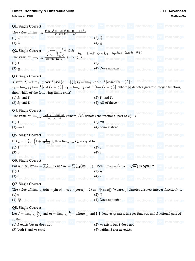 Limits, Continuity & Differentiability - Advanced | PDF | Function ...
