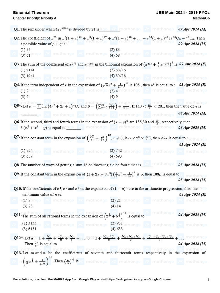 04 - Binomial Theorem | PDF | Combinatorics | Mathematical Analysis