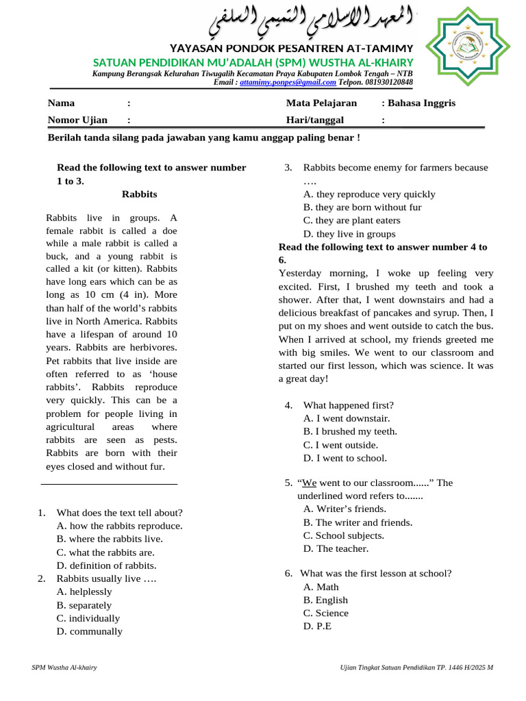 Soal Utama Bahasa Inggris 2025 | PDF | Cats | Tea