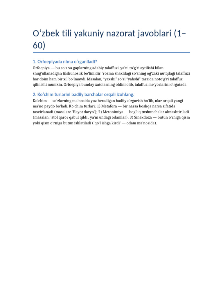 Ozbek Tili Yakuniy Nazorat Javoblari 1-60 | PDF