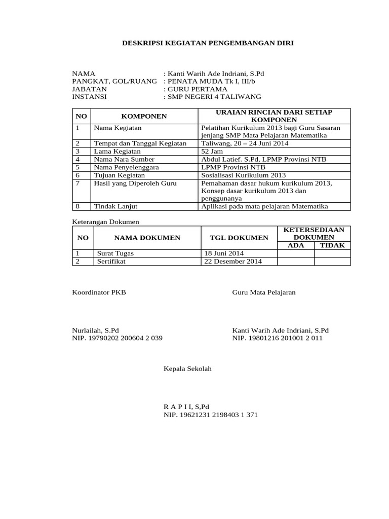 Deskripsi Kegiatan Pengembangan Diri | PDF