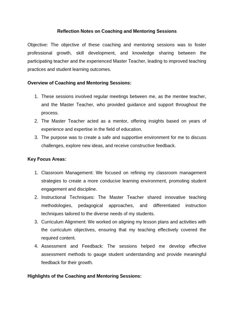 Reflection Notes on Coaching and Mentoring Sessions | PDF | Mentorship ...