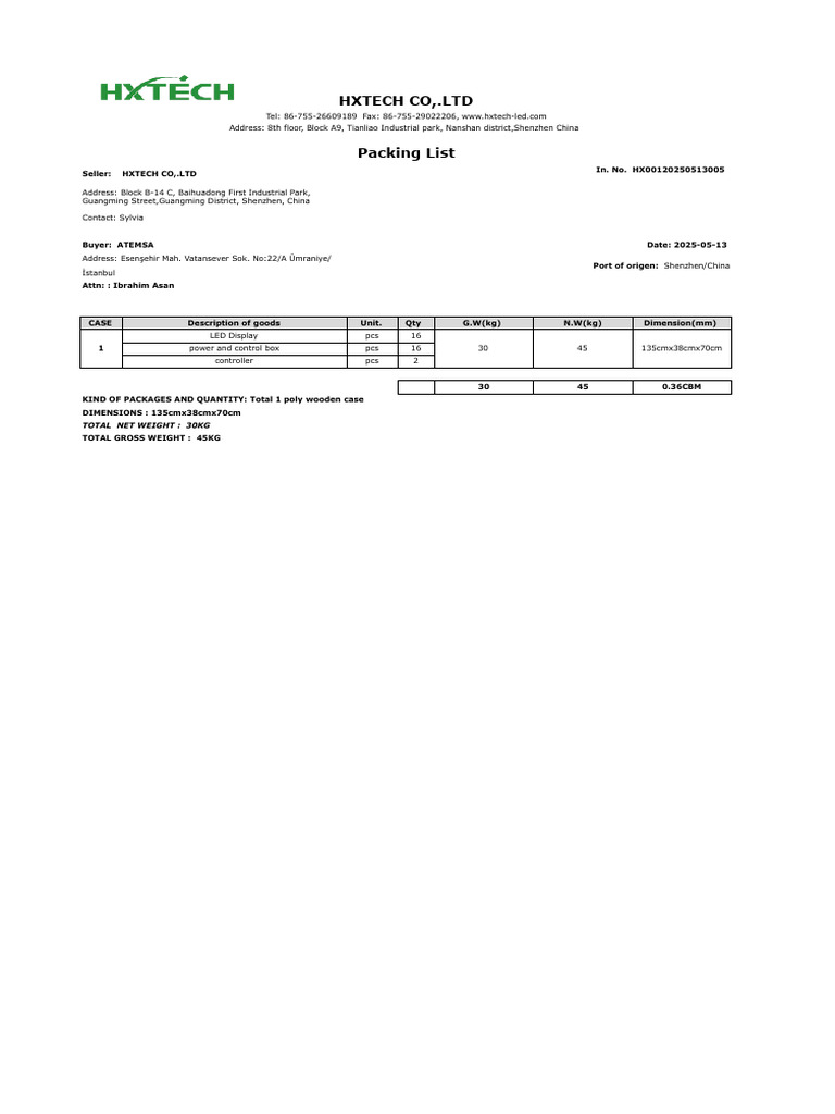 HXTECH LED Display Packing List | PDF