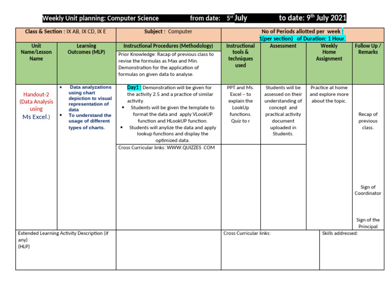 Weekly Unit Planning (Class IX) LOOK UP WIZARD | PDF | Data | Cognitive ...