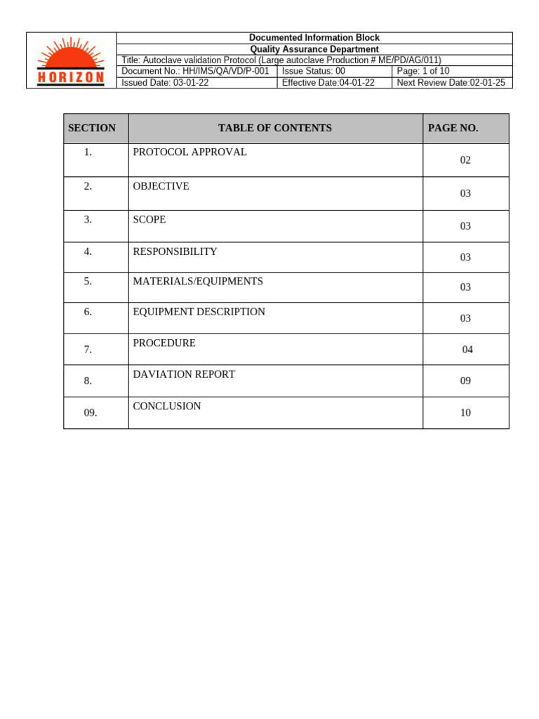 01-Autoclave Validation PROTOCOL LARGE AUTOCLAVE | PDF | Sterilization ...