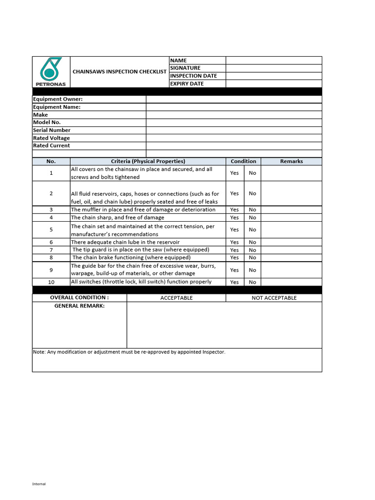 Chainsaws Inspection Checklist | PDF