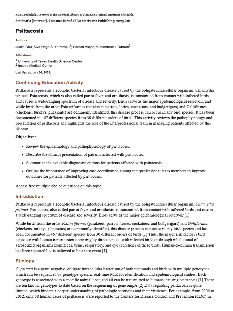 Psittacosis - StatPearls - NCBI Bookshelf | PDF | Pneumonia | Microbiology