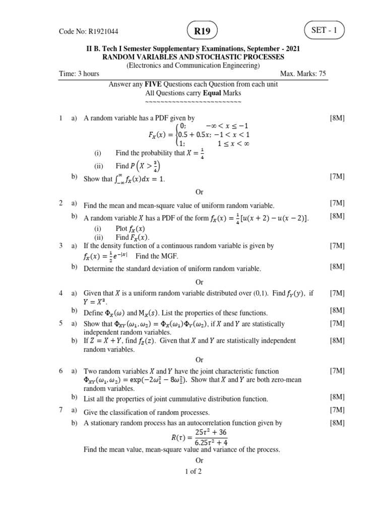Random Variables and Stochastic Processes Sept 2021 | PDF | Probability ...