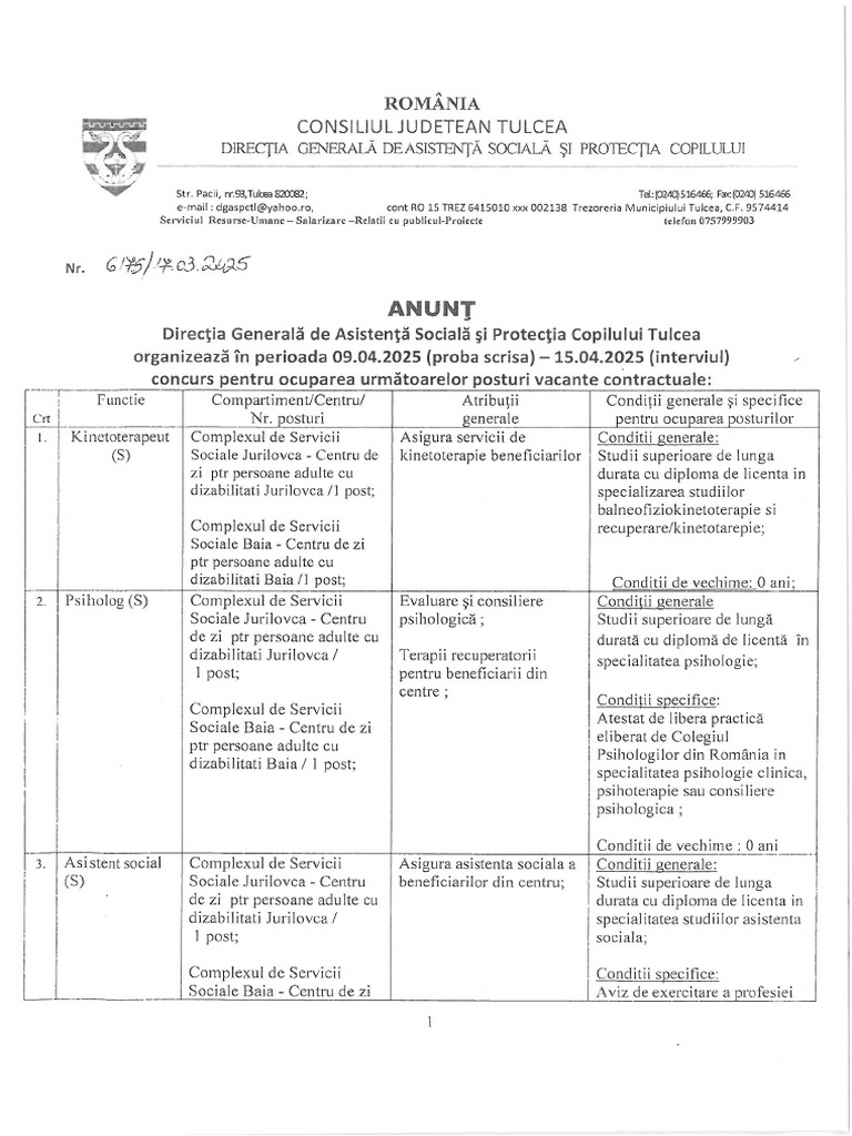 Anunt Concurs Recrutare 09.04.-15.04.2025 - Centre Rezidentiale Adulti-1 | PDF
