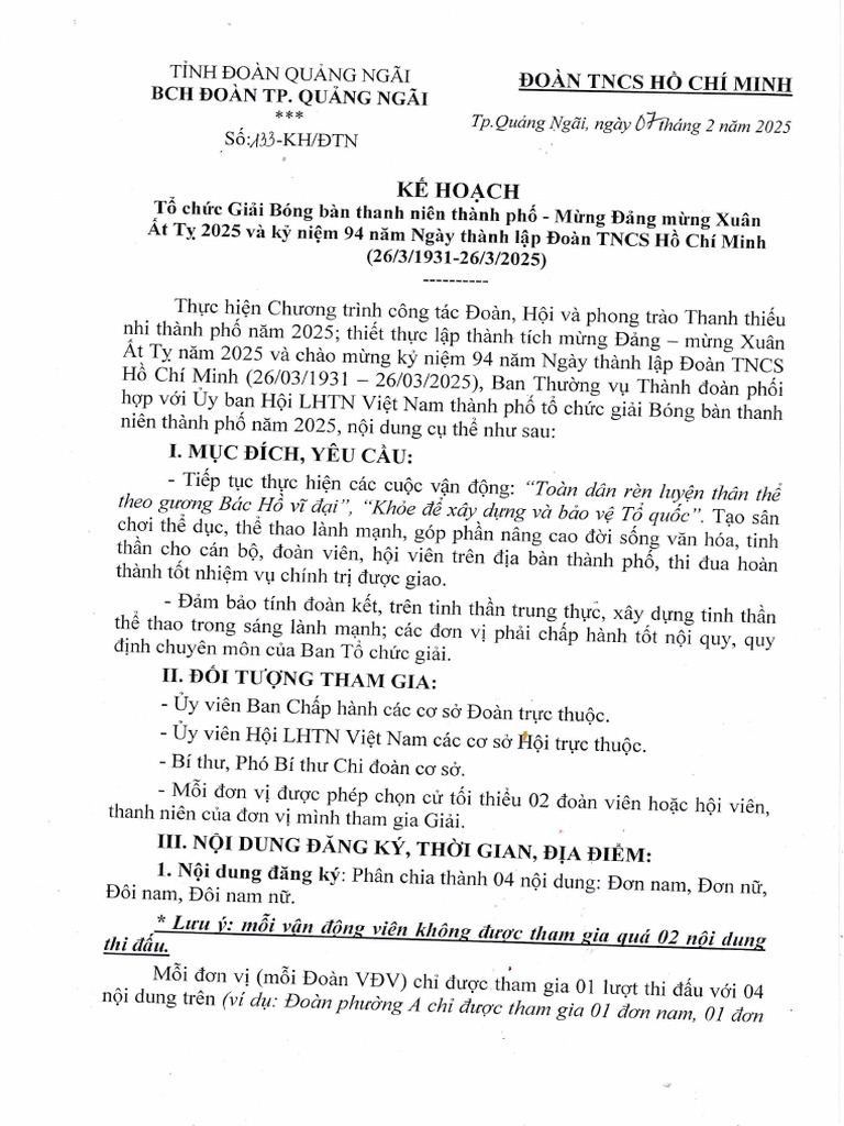 133 - KH To Chuc Giai Bong Ban Thanh Nien Thanh Pho - 2025 - 20250207 - 0001 | PDF