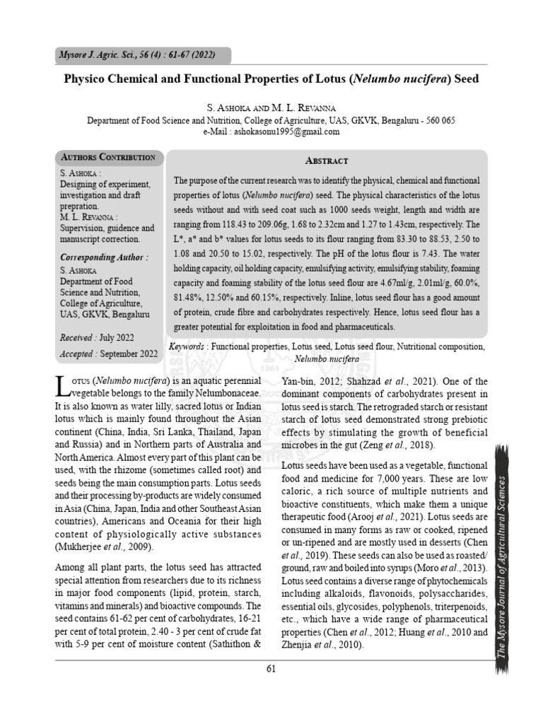 Physico Chemical and Functional Properties of Lotus Seed | PDF