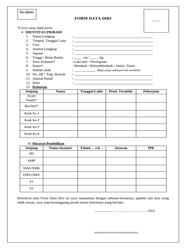 Contoh FORM DATA DIRI | PDF