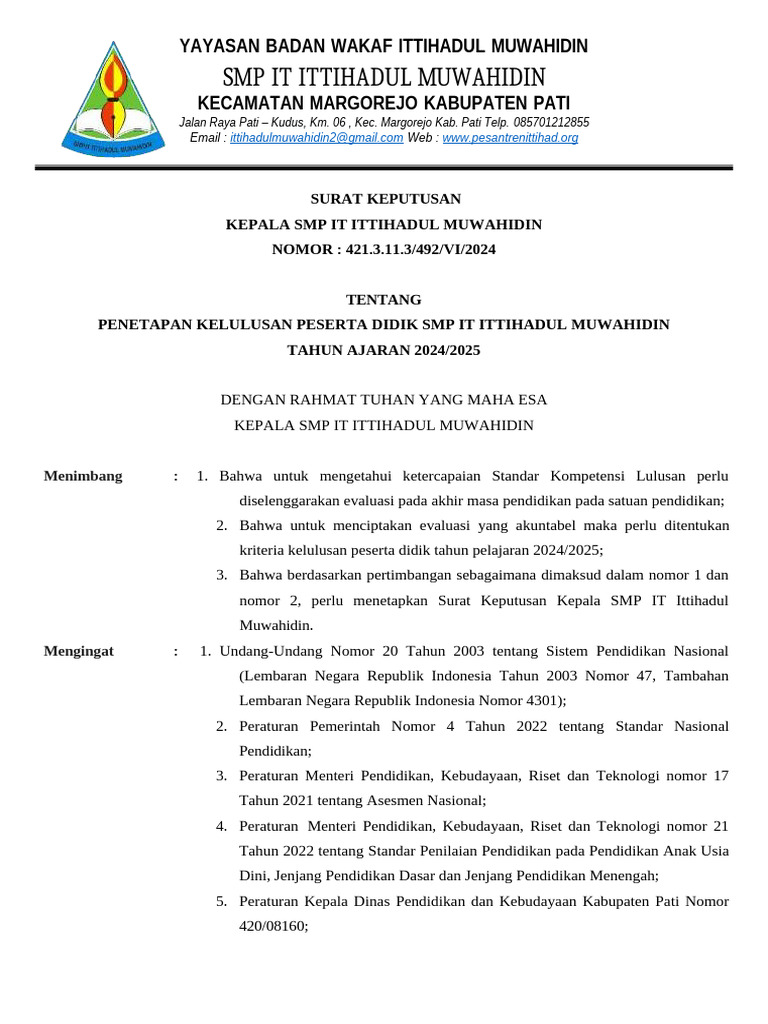 SK Penetapan Kelulusan 2024-2025 | PDF